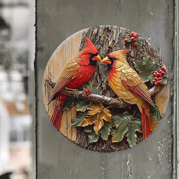 Art | New Vintage Tin Metal Circle Sign Male Female Cardinals | Poshmark